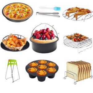 7 Inch 10pcs Air Fryer Accessories Set Fit for Gowise Gourmia Cozyna Ninja,Fit All 3.2qt-6.8qt Air Fryer,Kits with Skewers Silicone Mat,Pizza Pan,Cake Barrel,Non-Stick,Dishwasher Safe,Universal,Black