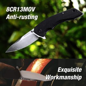 DURATECH Folding Pocket Knife, 3-1/4" Satin 8CR13MOV Blade, Black Smooth G10 Handle with Liner Lock Knife For EDC