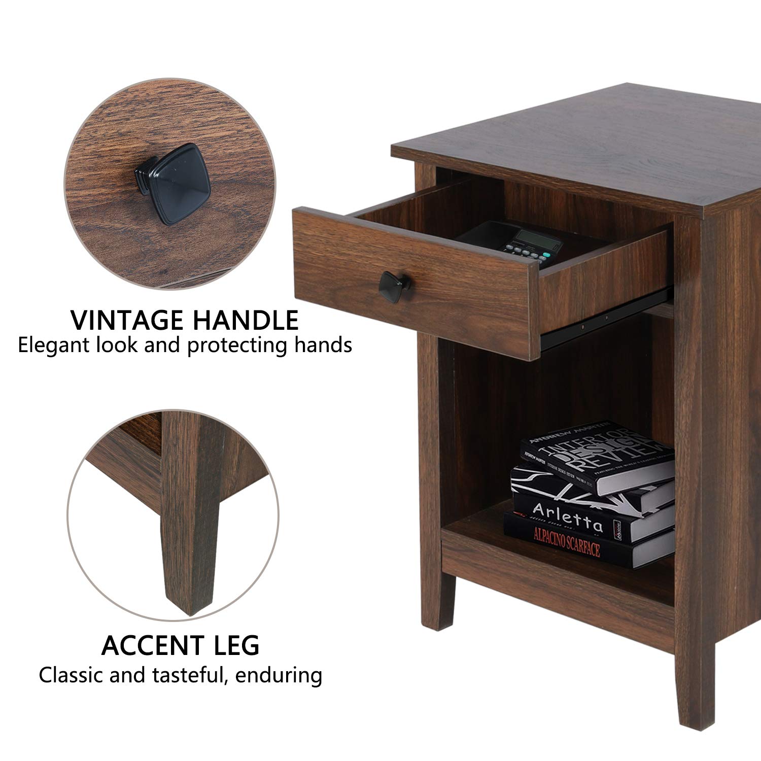 GBU Bedroom Nightstands - Set of 2 Wooden Night Stands with Drawer for Home Bedside End Table Large Storage Furniture, Brown Wood Grain 18.11 in x 15.75 in x 23.62 in