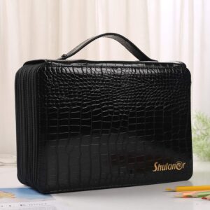 Shulaner 250 Slots Colored Pencil Case Organizer with Zipper PU Leather Large Capacity Pen Holder Bag for Artist Croco Black