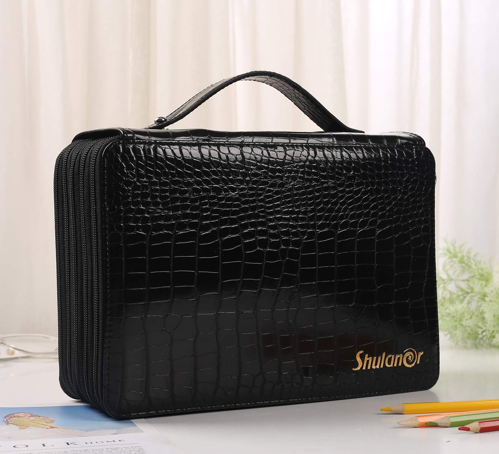 Shulaner 250 Slots Colored Pencil Case Organizer with Zipper PU Leather Large Capacity Pen Holder Bag for Artist Croco Black