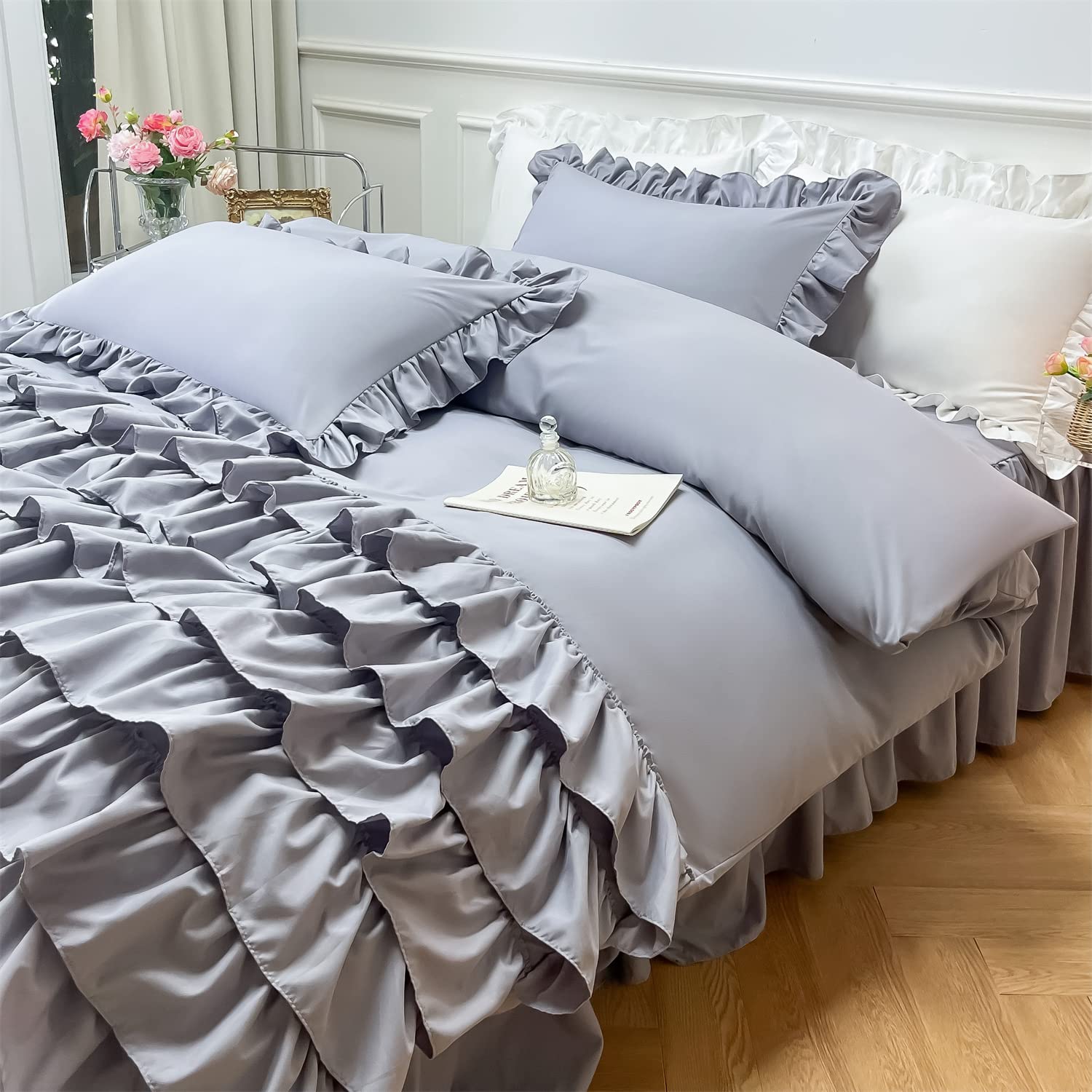 MOOWOO Waterfall Ruffle Duvet Cover Queen 3 Piece Shabby Chic Bedding Solid Color Soft and Breathable with Zipper Closure & Corner Ties (Gray, Queen)