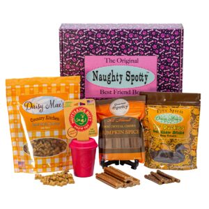 christmas dog treat gift box with coffee cup treat dispenser & 3 treats, made in the usa, treats and chews, small/medium dogs 15-30 lbs (pumpkin, sweet potato, duck flavors).