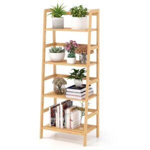 happygrill 4 tier bamboo bookshelf, freestanding open bookcase book shelf multifunctional plant flower display stand, ladder shelf for bedroom, living room, home office,small space