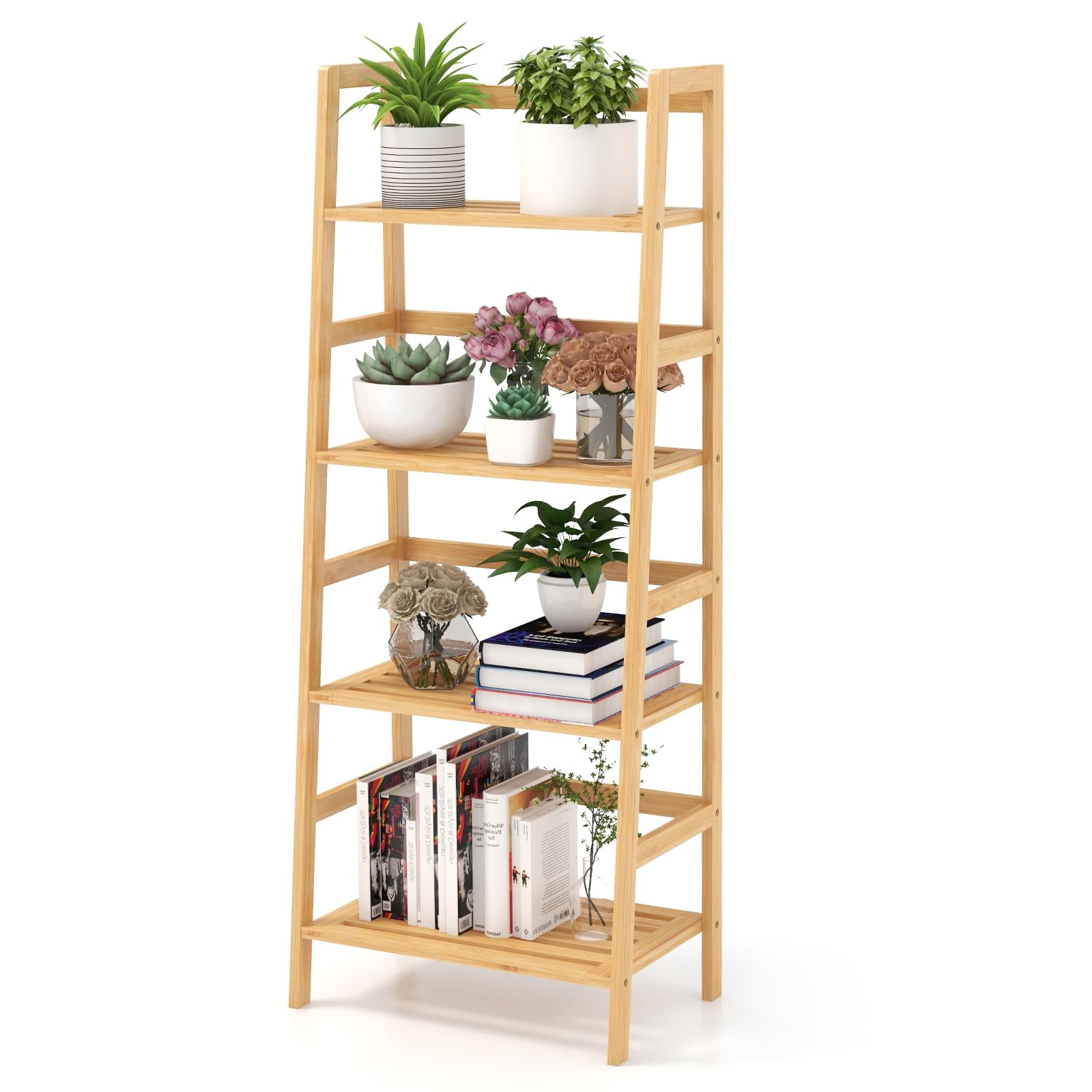 HAPPYGRILL 4 Tier Bamboo Bookshelf, Freestanding Open Bookcase Book Shelf Multifunctional Plant Flower Display Stand, Ladder Shelf for Bedroom, Living Room, Home Office,Small Space