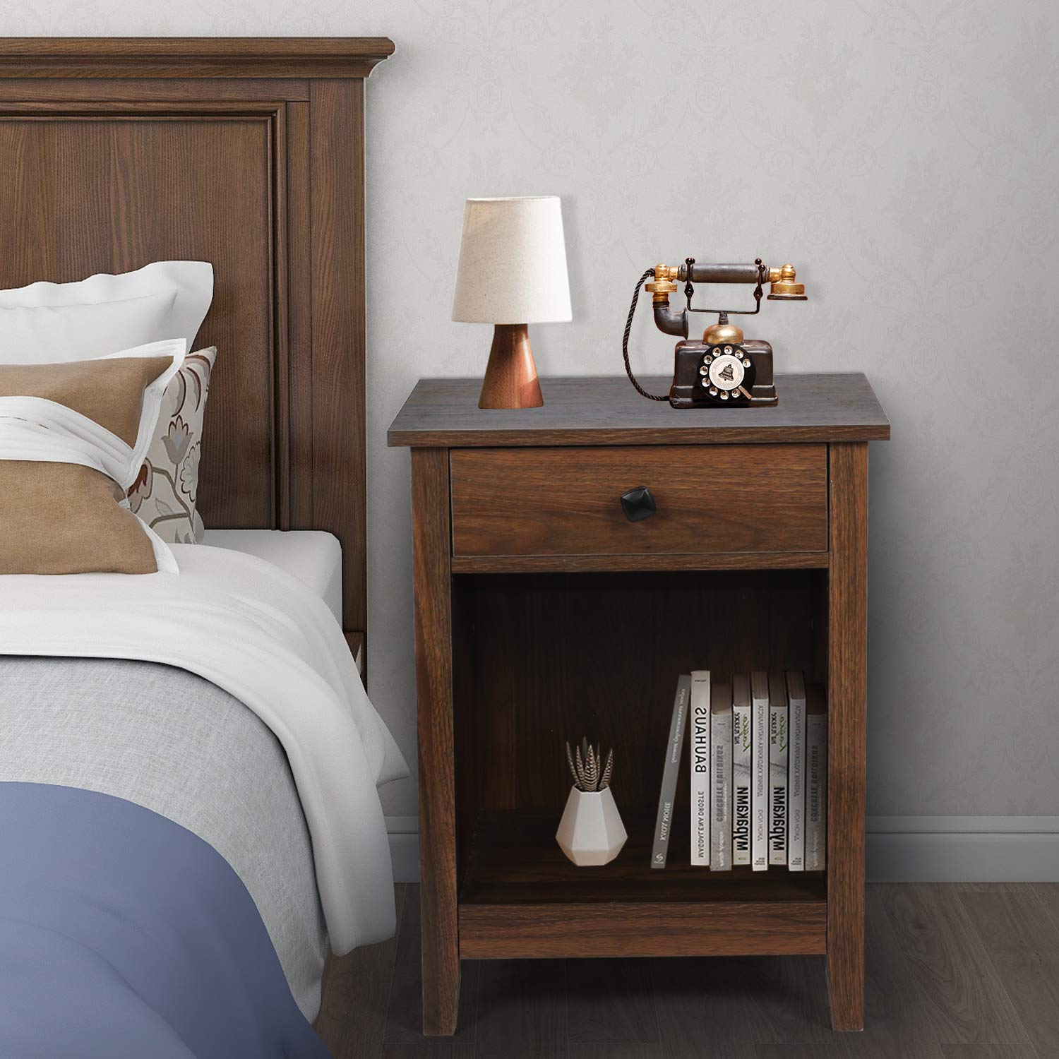 GBU Bedroom Nightstands - Set of 2 Wooden Night Stands with Drawer for Home Bedside End Table Large Storage Furniture, Brown Wood Grain 18.11 in x 15.75 in x 23.62 in