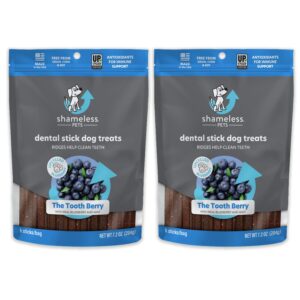 shameless pets dental treats for dogs, the tooth berry (2-pack) - healthy dental sticks with immune support for teeth cleaning & fresh breath - dog bones dental chews free from grain, corn & soy