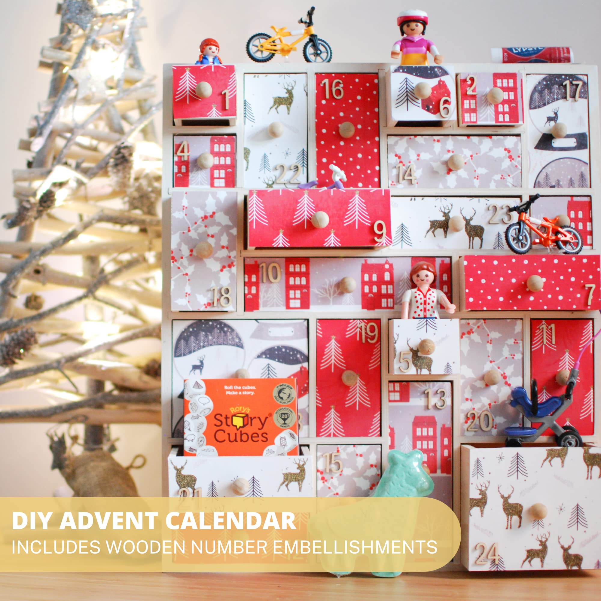 Hyggehaus DIY Wooden Advent Calendar Apothecary Cabinet Craft Storage organiser with Drawers for Decorating or Natural Wood. Handles Detached. Comes in Gift Box