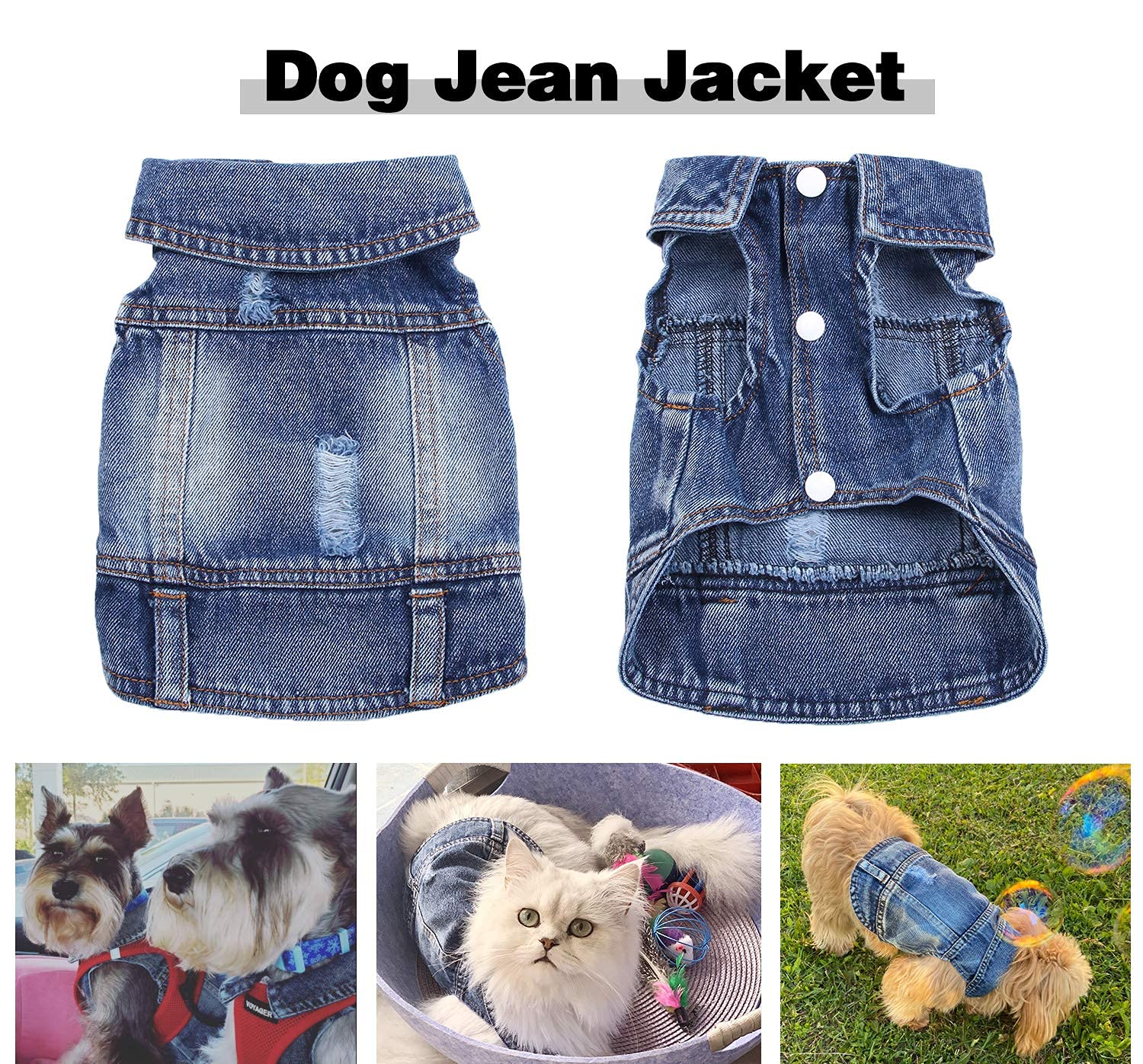 Dog Jean Jacket, Puppy Blue Denim Lapel Vest Coat Costume, Girl Boy Dog T-Shirt Clothes, Cool and Funny Apparel Outfits, Machine Washable Dog Outfits for Small Medium Dogs Cats (XS)