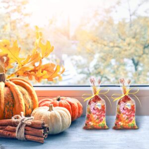 100 Pieces Fall Cellophane Bags Pumpkin Fall Leaves Treat Bags Halloween Pumpkin Bags Thanksgiving Cellophane Bags with 1 Piece Orange Ribbon for Chocolate Candy Snacks Cookies Little Toys