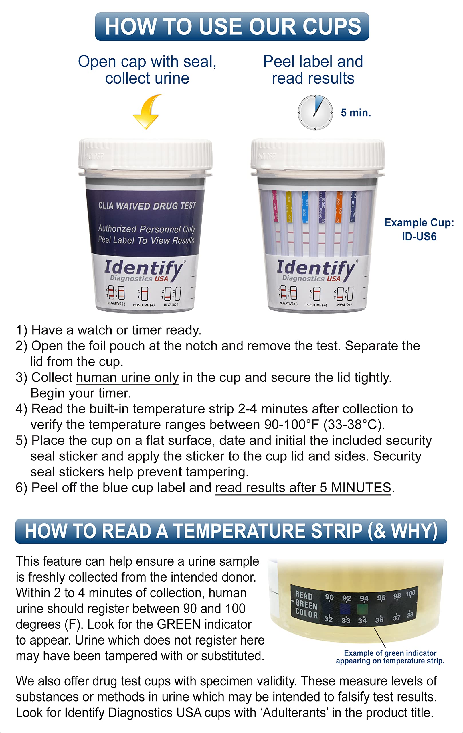 Identify Diagnostics USA Drug Screen Test - 5 Pack - Made In USA 14 Panel CLIA Waived Instant Urine Drug Test Kit with 6 Adults for AMP,BAR,BUP,BZO,COC,EDDP,MDMA,MET,MTD,OPI/MOP,OXY,PCP,TCA,THC