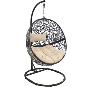 sunnydaze jackson resin wicker hanging egg chair with steel stand - 265-pound weight capacity - includes beige cushions