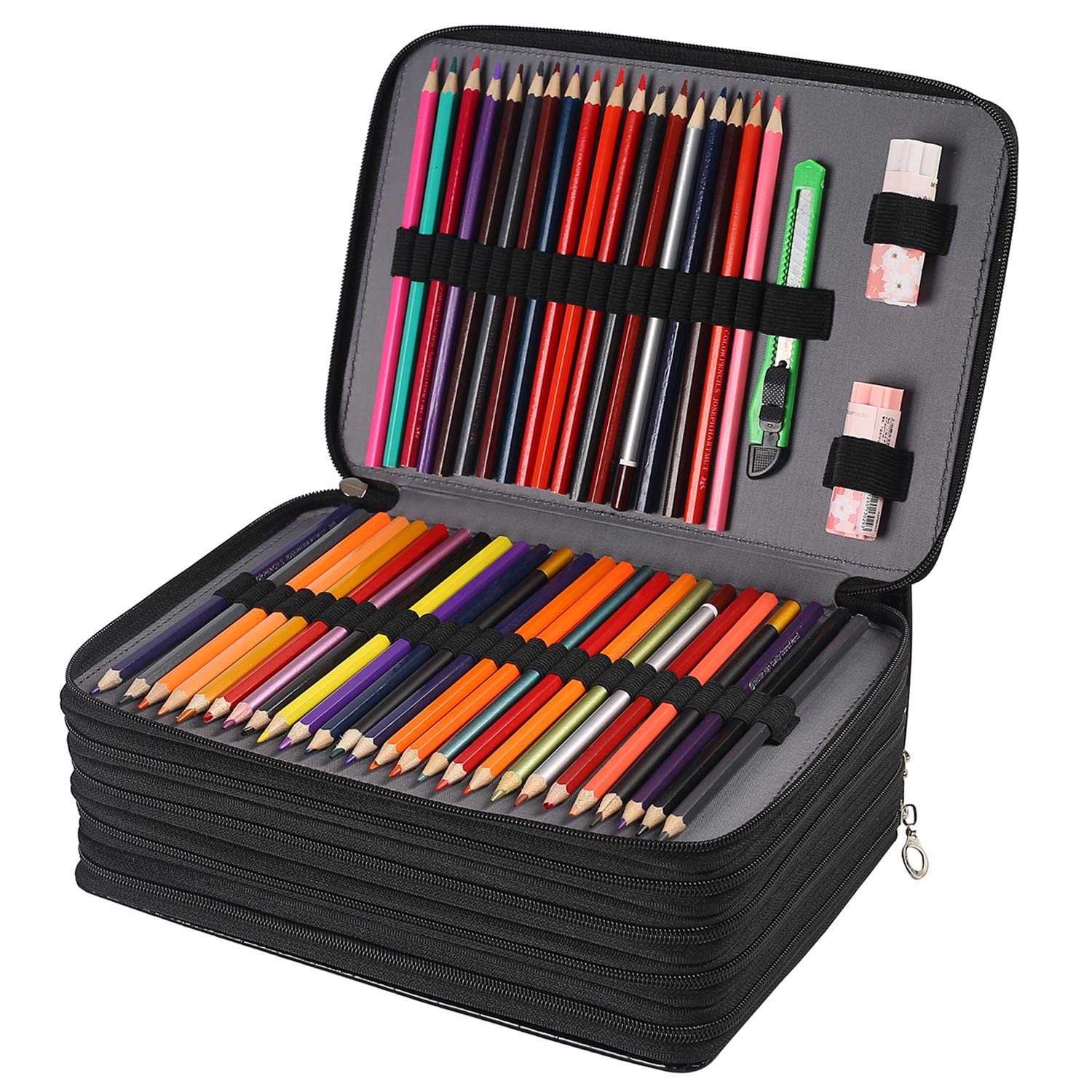 Shulaner 250 Slots Colored Pencil Case Organizer with Zipper PU Leather Large Capacity Pen Holder Bag for Artist Croco Black