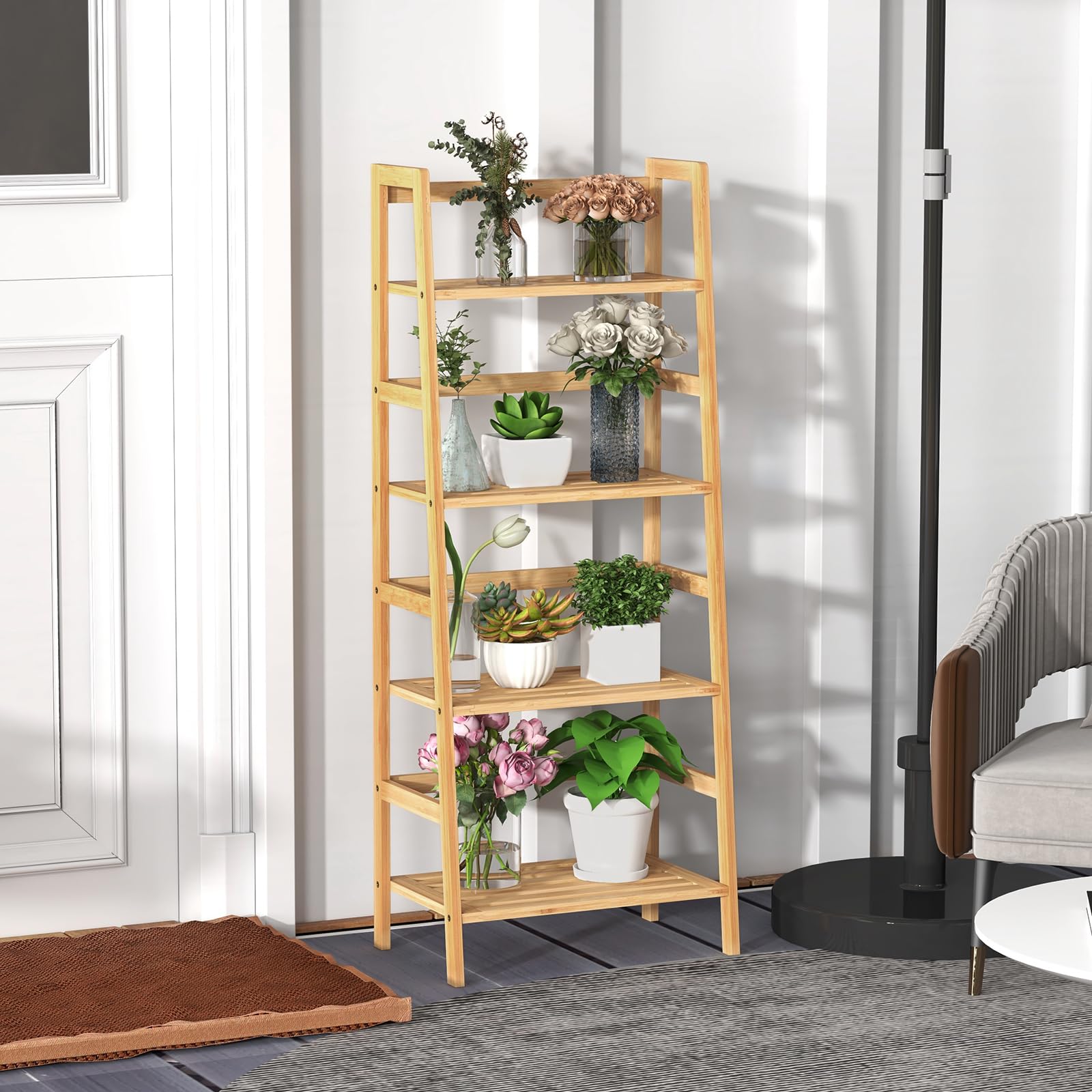 HAPPYGRILL 4 Tier Bamboo Bookshelf, Freestanding Open Bookcase Book Shelf Multifunctional Plant Flower Display Stand, Ladder Shelf for Bedroom, Living Room, Home Office,Small Space