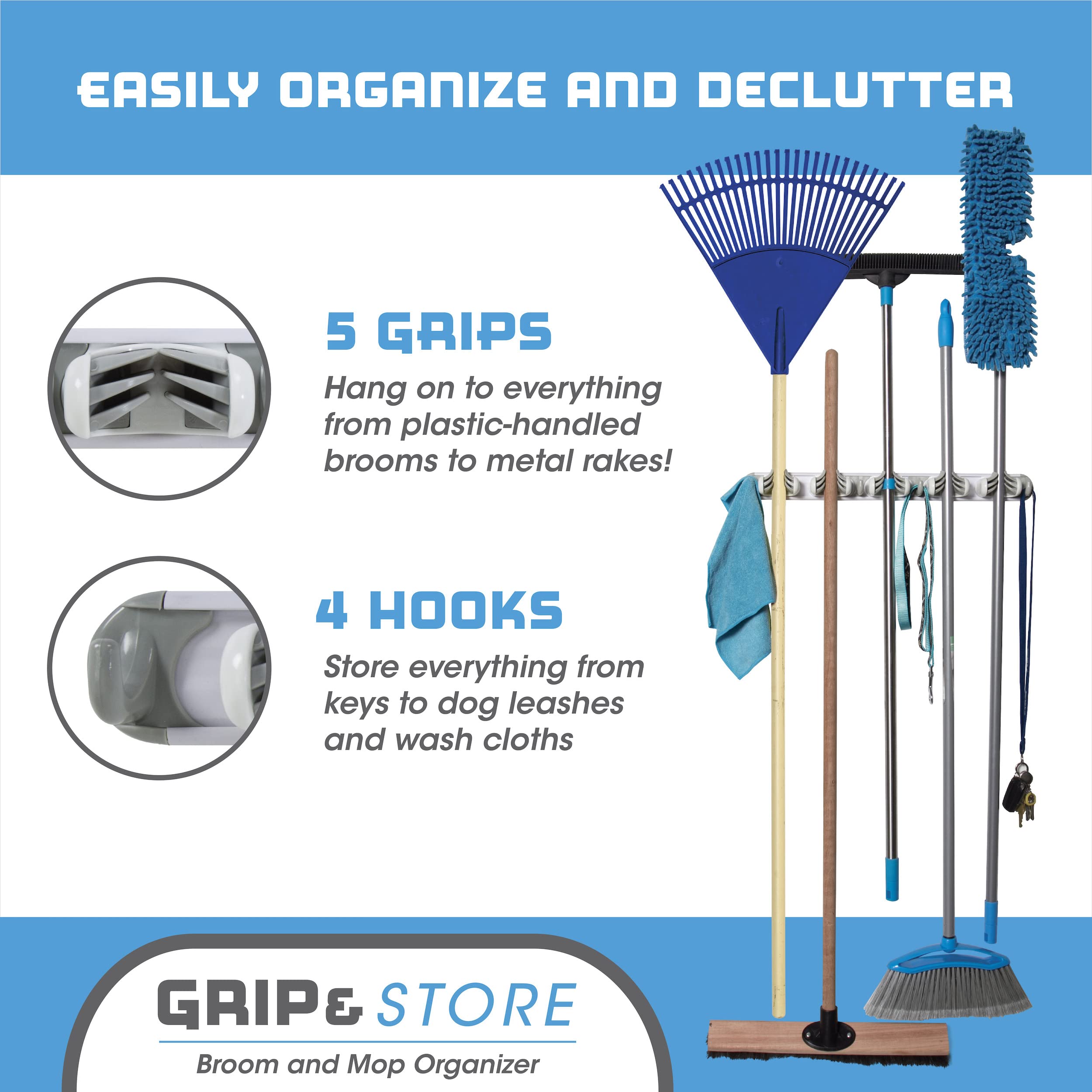 Grip & Store Broom Holder 5 Position, Easy Way to Organize, Organized Laundry Room, Easily Store Tools and More, Strong Grip Technology, Gray