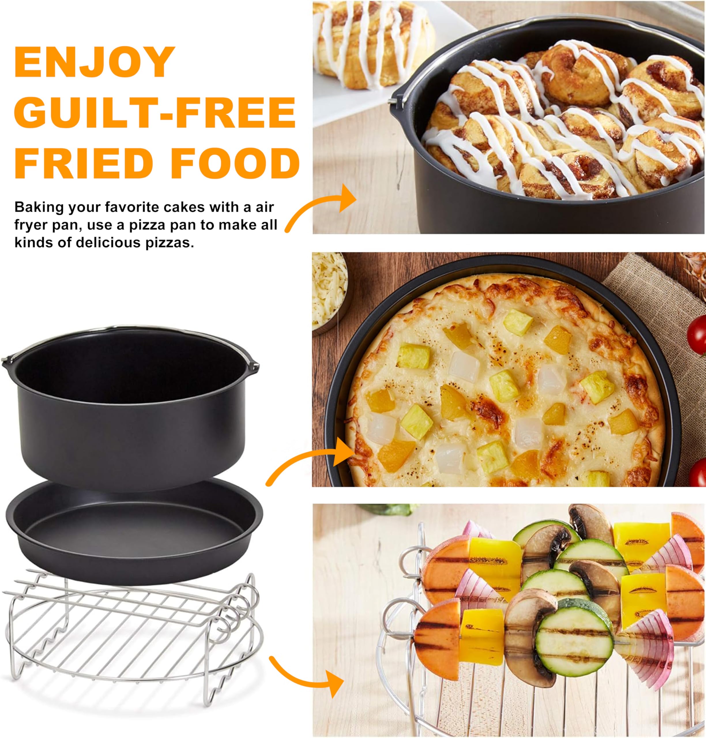 7 Inch 10pcs Air Fryer Accessories Set Fit for Gowise Gourmia Cozyna Ninja,Fit All 3.2qt-6.8qt Air Fryer,Kits with Skewers Silicone Mat,Pizza Pan,Cake Barrel,Non-Stick,Dishwasher Safe,Universal,Black