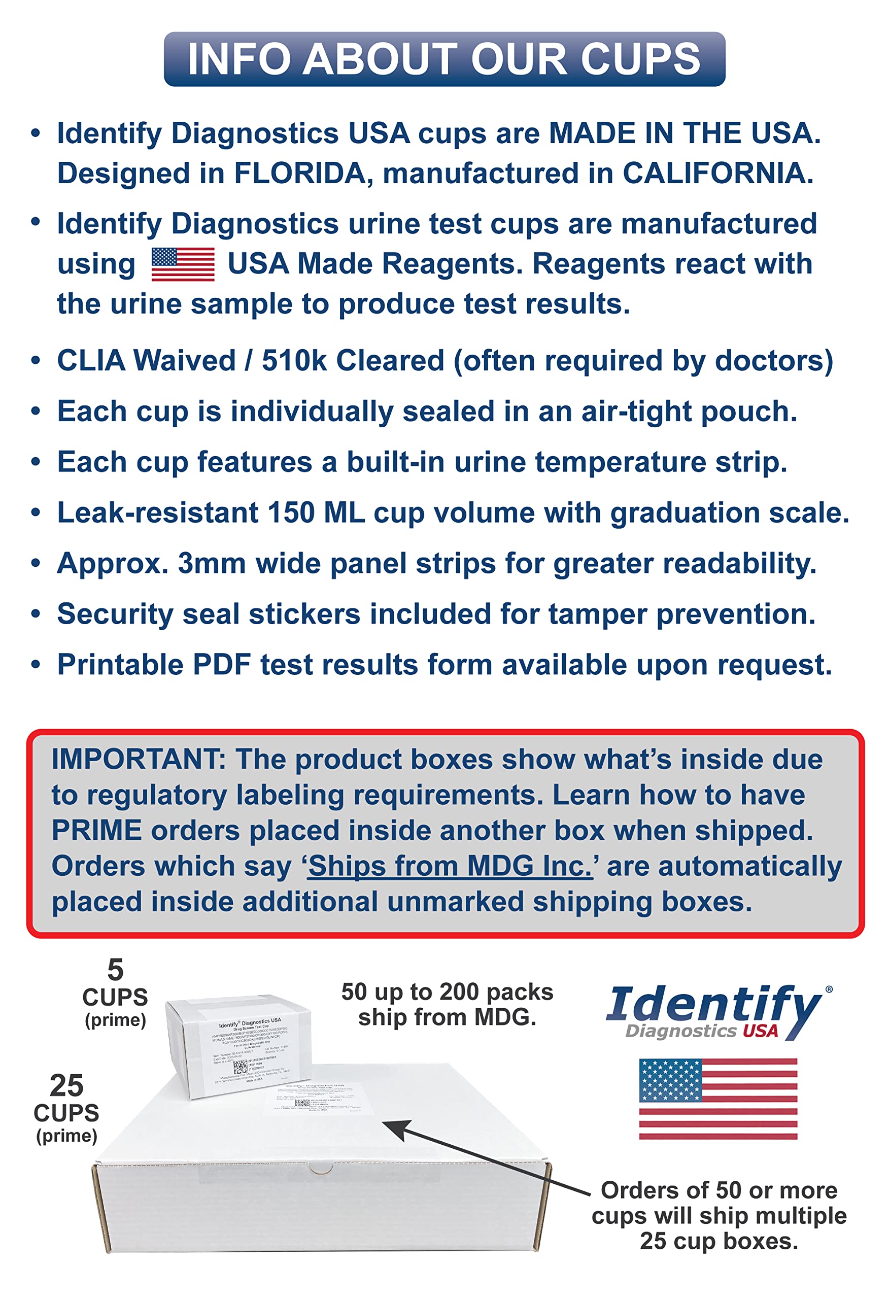 Identify Diagnostics USA Drug Screen Test - 5 Pack - Made In USA 14 Panel CLIA Waived Instant Urine Drug Test Kit with 6 Adults for AMP,BAR,BUP,BZO,COC,EDDP,MDMA,MET,MTD,OPI/MOP,OXY,PCP,TCA,THC