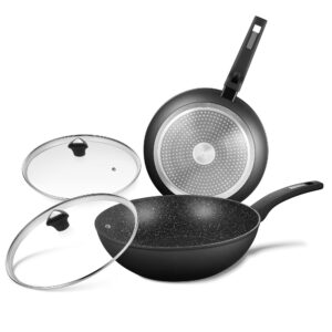 koch systeme cs 9.5"+12" black nonstick frying pan with lids, aluminum, non-stick coating, bakelite handle, suitable for all stovetops