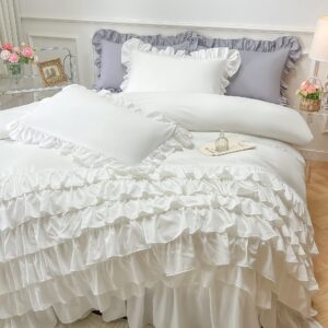 MOOWOO Waterfall Ruffle Duvet Cover Queen,3 Piece White Shabby Chic Bedding Solid Color Soft and Breathable with Zipper Closure & Corner Ties