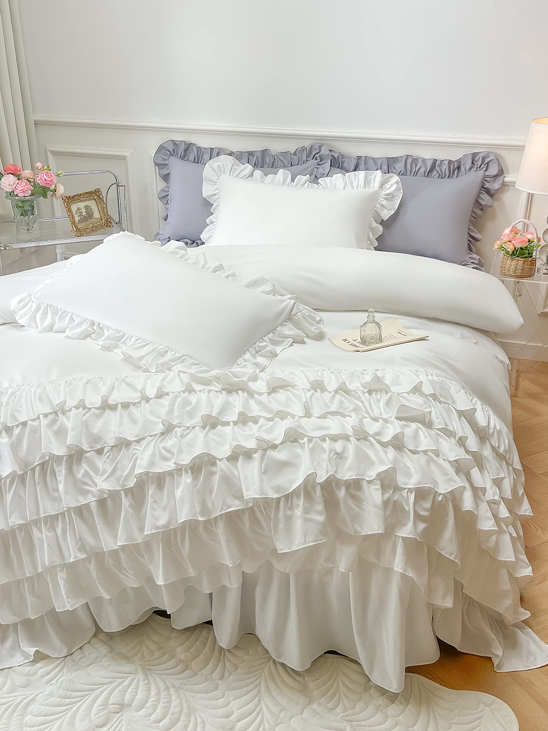 MOOWOO Waterfall Ruffle Duvet Cover Queen,3 Piece White Shabby Chic Bedding Solid Color Soft and Breathable with Zipper Closure & Corner Ties