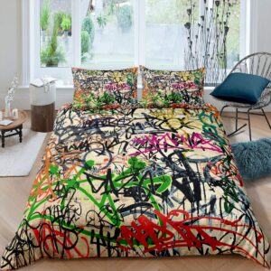 manfei graffiti duvet cover set street art hip hop bedding set 3pcs for kids boys girls modern fashion design comforter cover microfiber bedspread cover with 2 pillow cases(no comforter) queen size