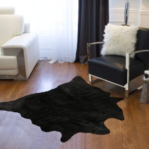 Luxe Faux Cowhide Rug for Rustic and Western Decor | Low Pile Faux Fur Rug with Black Cow Print | Cruelty-Free Fade Resistant Living Room Rugs | 4-1/4 x 5 ft