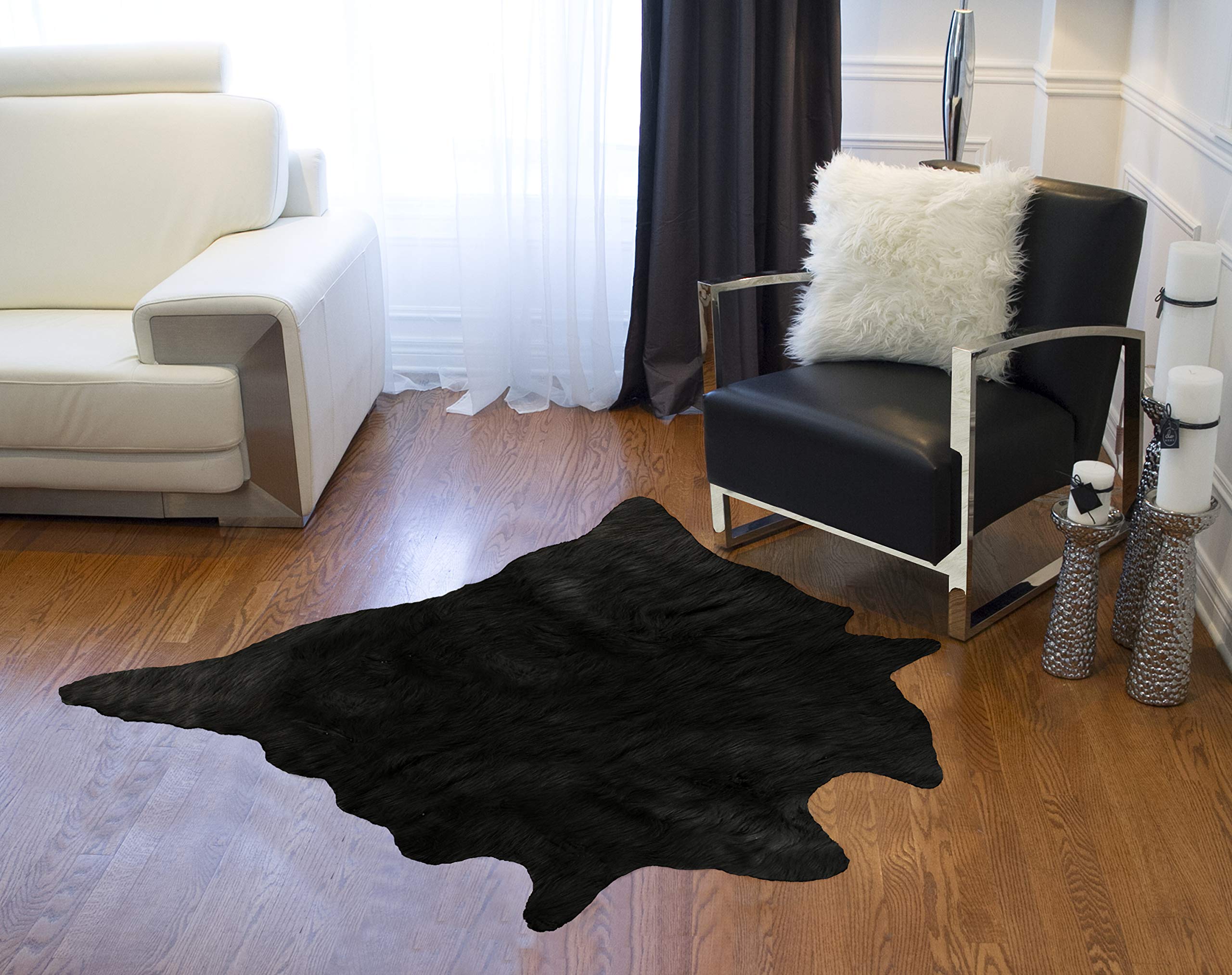 Luxe Faux Cowhide Rug for Rustic and Western Decor | Low Pile Faux Fur Rug with Black Cow Print | Cruelty-Free Fade Resistant Living Room Rugs | 4-1/4 x 5 ft