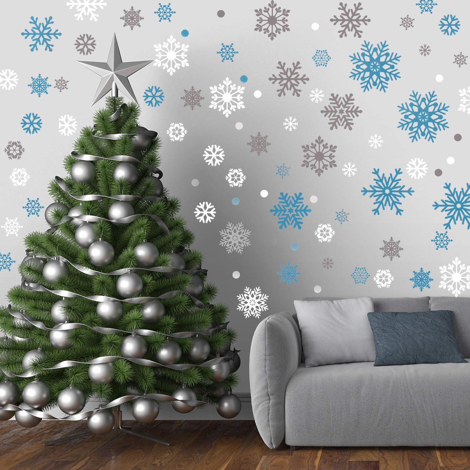 Tenare 305 Pieces Christmas Wall Decals Snowflakes Wall Stickers Christmas Silver and Winter Theme Snowflakes Decals Winter Wall Decals Removable Home Decoration for Christmas Party