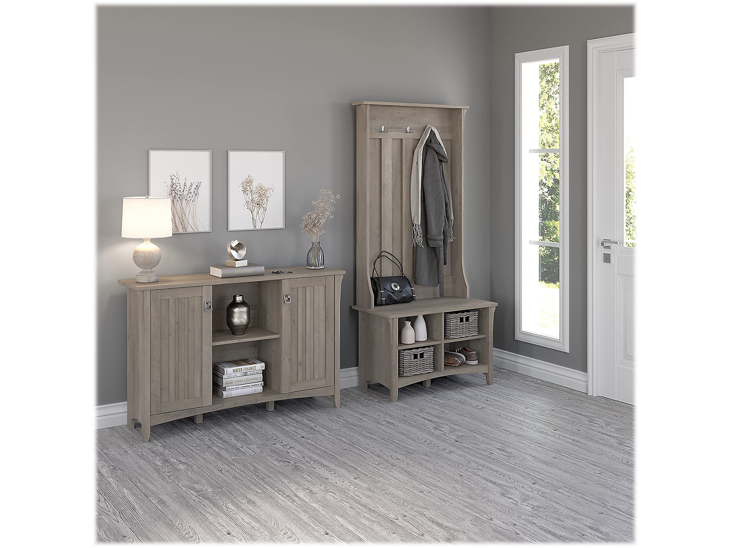 Bush Furniture Salinas Entryway Storage Set with Hall Tree, Shoe Bench and Accent Cabinet in Driftwood Gray