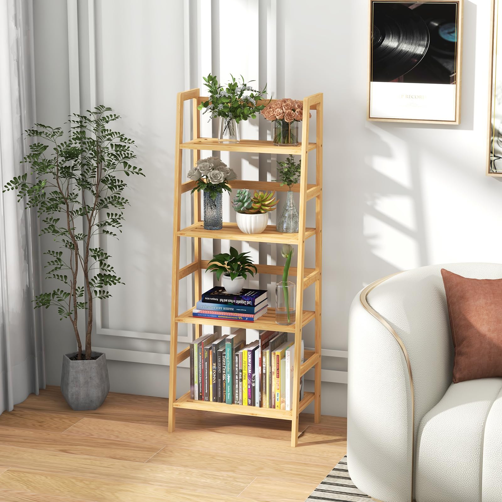 HAPPYGRILL 4 Tier Bamboo Bookshelf, Freestanding Open Bookcase Book Shelf Multifunctional Plant Flower Display Stand, Ladder Shelf for Bedroom, Living Room, Home Office,Small Space