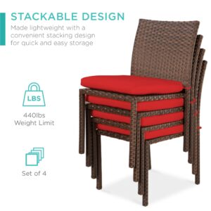 Best Choice Products Set of 4 Stackable Outdoor Patio Wicker Chairs w/Cushions, UV-Resistant Finish, and Steel Frame - Brown/Red