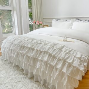 MOOWOO Waterfall Ruffle Duvet Cover Queen,3 Piece White Shabby Chic Bedding Solid Color Soft and Breathable with Zipper Closure & Corner Ties