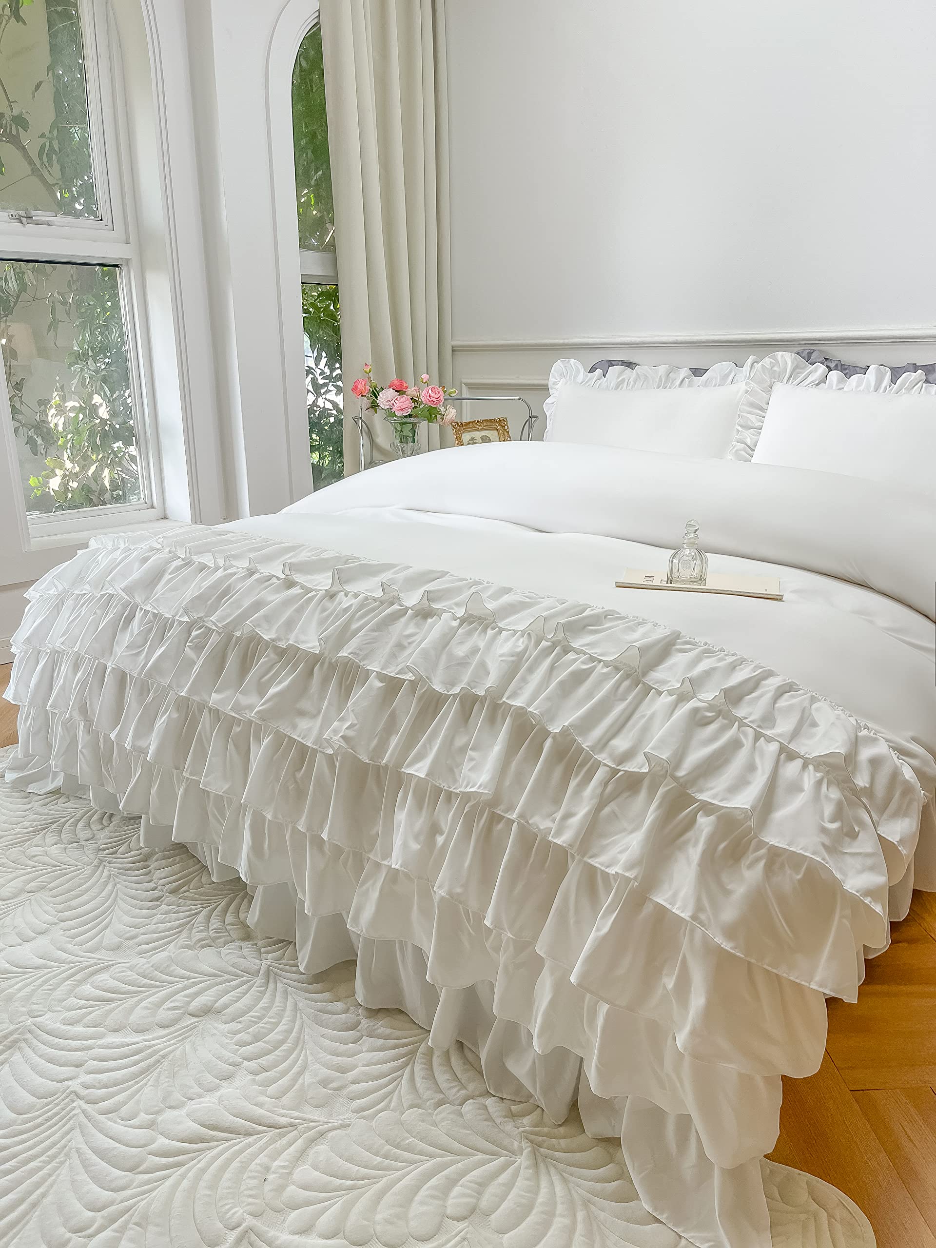 MOOWOO Waterfall Ruffle Duvet Cover Queen,3 Piece White Shabby Chic Bedding Solid Color Soft and Breathable with Zipper Closure & Corner Ties