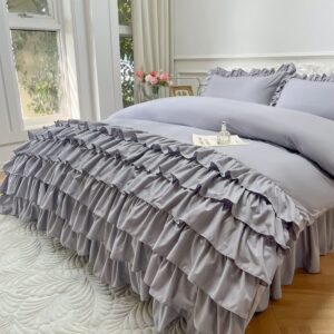 MOOWOO Waterfall Ruffle Duvet Cover Queen 3 Piece Shabby Chic Bedding Solid Color Soft and Breathable with Zipper Closure & Corner Ties (Gray, Queen)