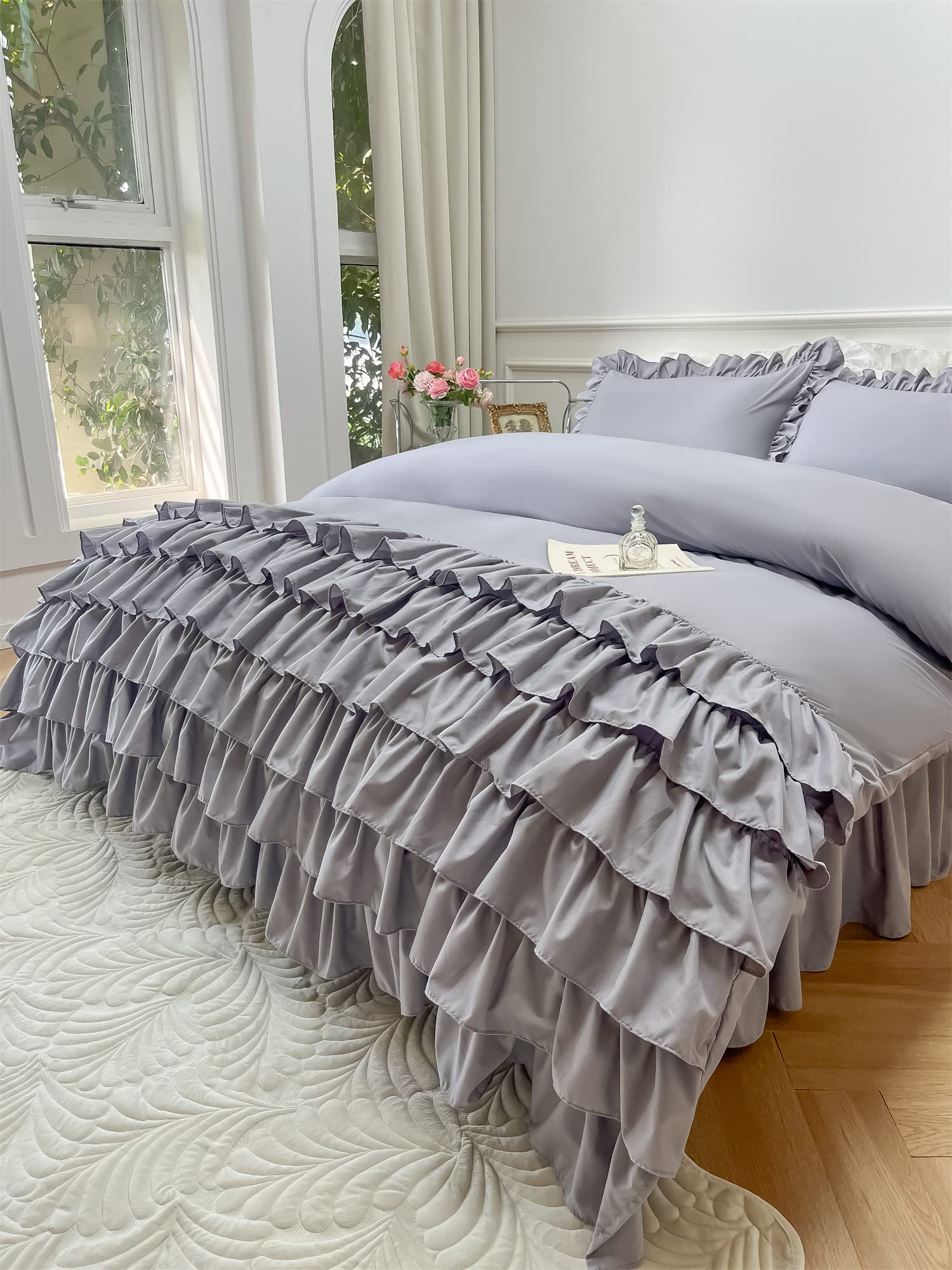 MOOWOO Waterfall Ruffle Duvet Cover Queen 3 Piece Shabby Chic Bedding Solid Color Soft and Breathable with Zipper Closure & Corner Ties (Gray, Queen)