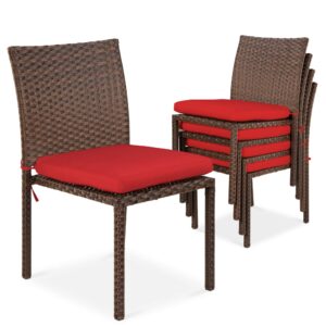 best choice products set of 4 stackable outdoor patio wicker chairs w/cushions, uv-resistant finish, and steel frame - brown/red