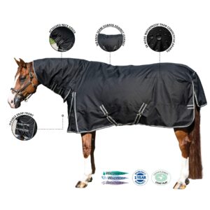 STORM SHIELD Horse Turnout Blanket | Attached Neck Cover | Heavy Weight - 380 Grams | Size 74 - Black | 1200 Denier | Criss-Cross Surcingle | Waterproof, Windproof & Breathable