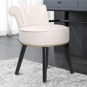 MUPATER Makeup Vanity Stool Chair with Low Back, Round Leather Padded Chair with Wood Legs, White