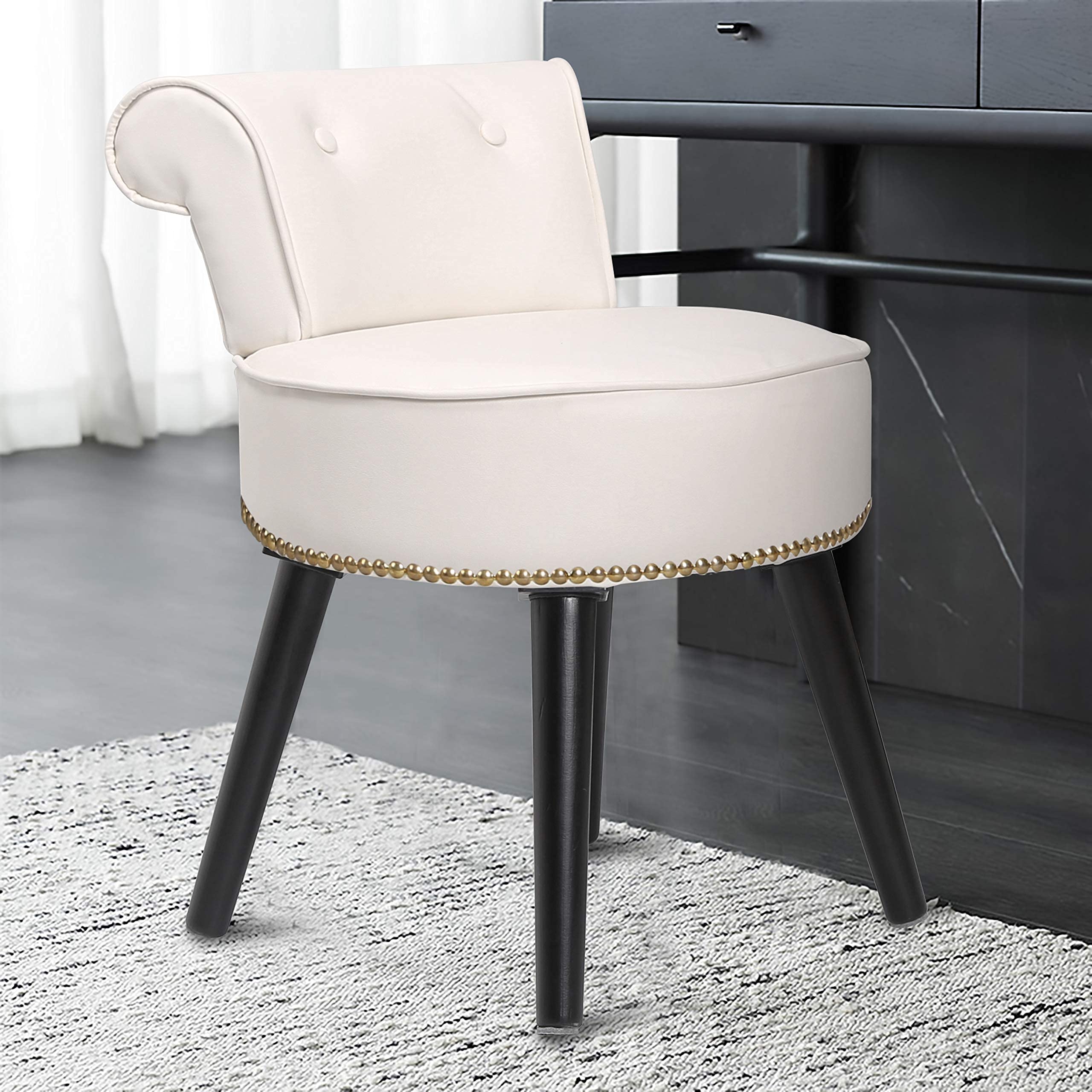 MUPATER Makeup Vanity Stool Chair with Low Back, Round Leather Padded Chair with Wood Legs, White