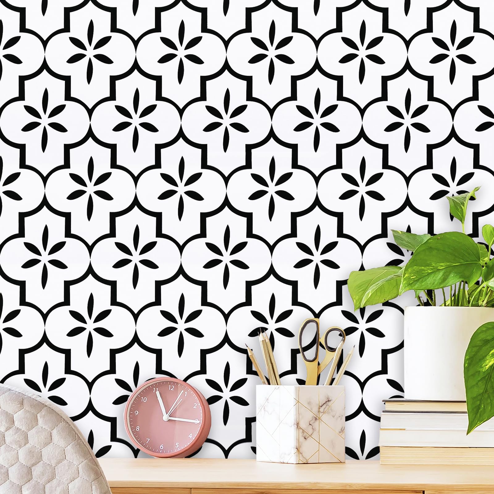 GloryTik Black Contact Paper Trellis Wallpaper White and Black Geometry Pattern Peel and Stick Wallpaper Self-Adhesive Removable Wallpaper White Modern for Cabinet Drawer Lining Wall Decor 17.7"X118"