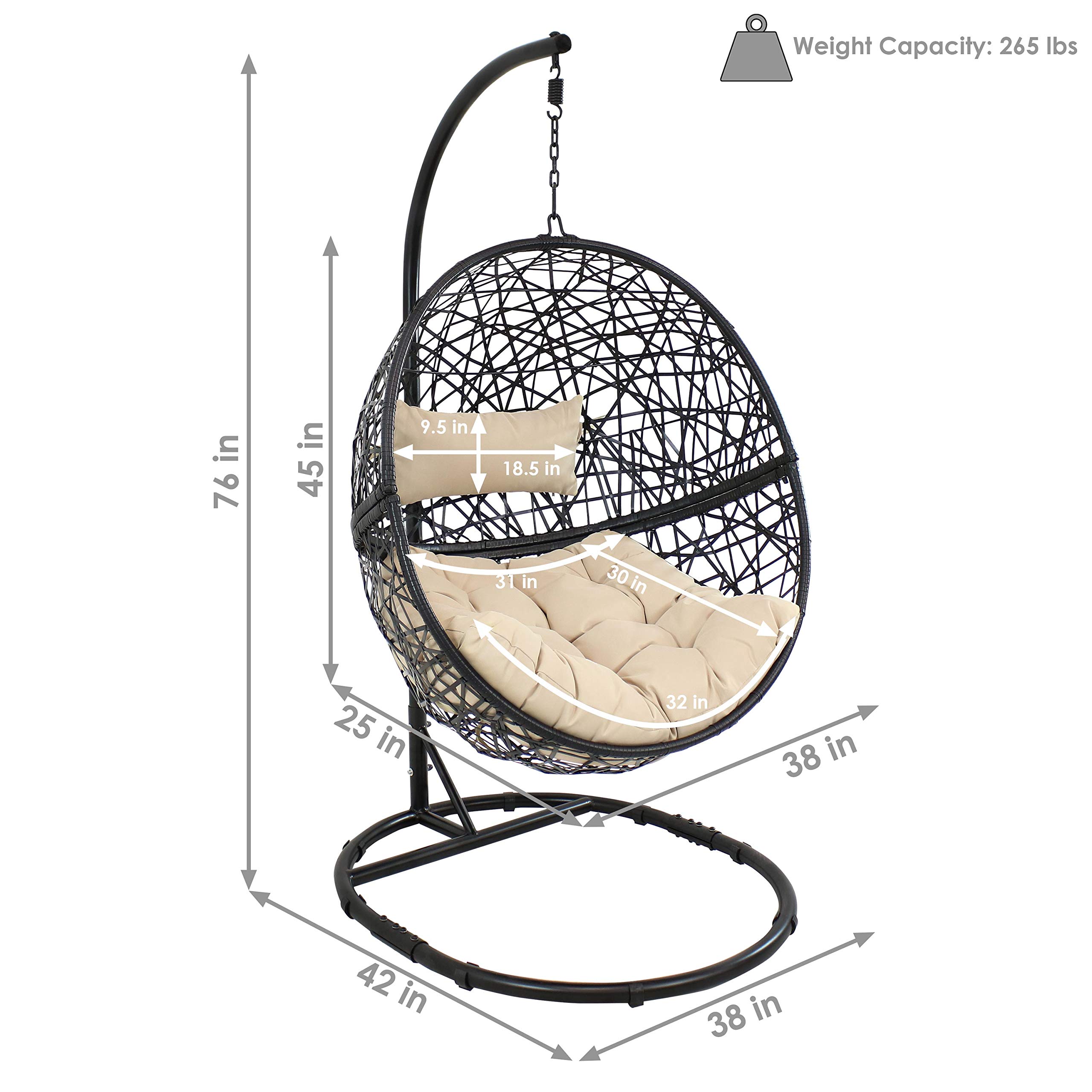 Sunnydaze Jackson Resin Wicker Hanging Egg Chair with Steel Stand - 265-Pound Weight Capacity - Includes Beige Cushions