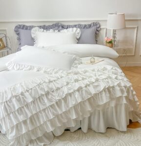 moowoo waterfall ruffle duvet cover queen,3 piece white shabby chic bedding solid color soft and breathable with zipper closure & corner ties