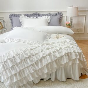 MOOWOO Waterfall Ruffle Duvet Cover Queen,3 Piece White Shabby Chic Bedding Solid Color Soft and Breathable with Zipper Closure & Corner Ties