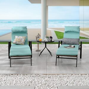 LOKATSE HOME 3 Pieces Outdoor Patio Chaise Lounge Set 2 Adjustable Chairs and 1 Bistro Table with Removable Cushions, Light Blue