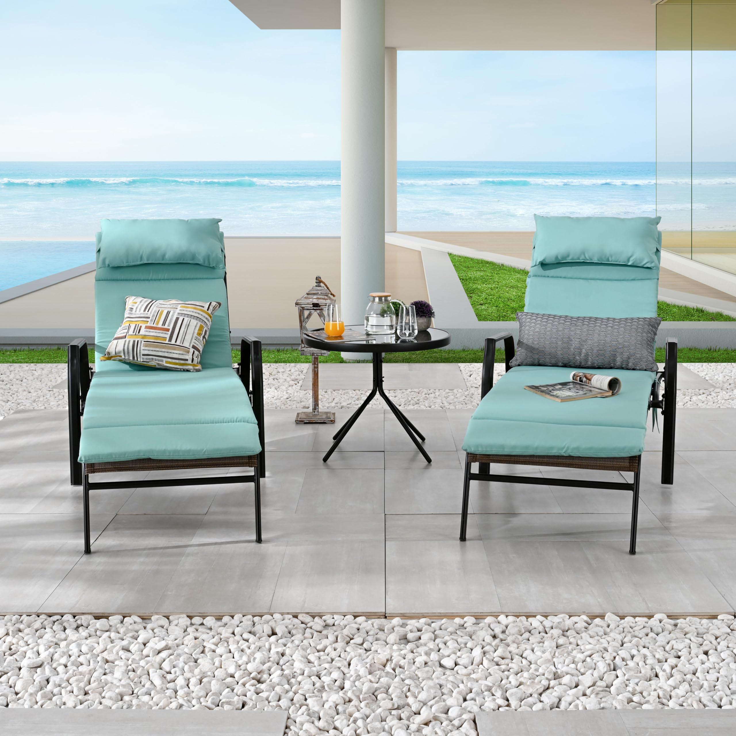 LOKATSE HOME 3 Pieces Outdoor Patio Chaise Lounge Set 2 Adjustable Chairs and 1 Bistro Table with Removable Cushions, Light Blue