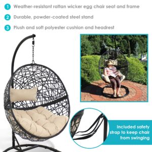 Sunnydaze Jackson Resin Wicker Hanging Egg Chair with Steel Stand - 265-Pound Weight Capacity - Includes Beige Cushions