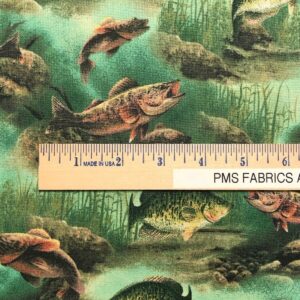 Fat Quarter 1/4 Yard - Bass Trout Fish Fishing Fisherman Sewing Fabric 100% Cotton (18" x 22")