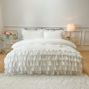 MOOWOO Waterfall Ruffle Duvet Cover Queen,3 Piece White Shabby Chic Bedding Solid Color Soft and Breathable with Zipper Closure & Corner Ties