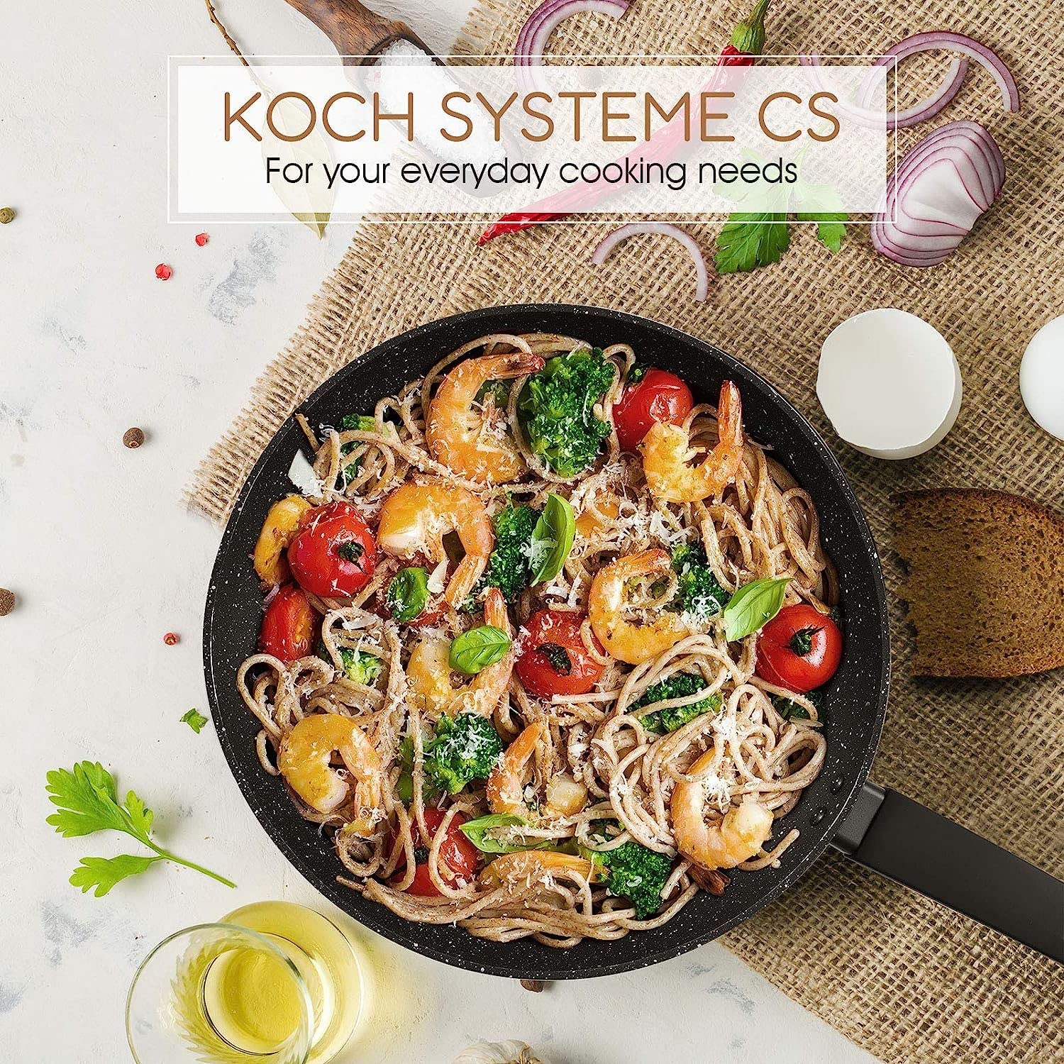 KOCH SYSTEME CS 9.5"+12" Black Nonstick Frying Pan with Lids, Aluminum, Non-stick Coating, Bakelite Handle, Suitable for All Stovetops