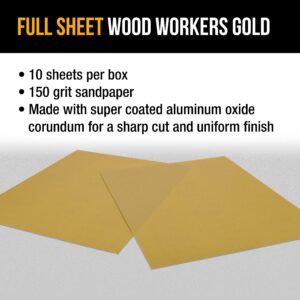 Dura-Gold Premium 9" x 11" Gold Sandpaper Sheets, 150 Grit (Box of 10) - Wood Furniture Woodworking, Automotive Paint, Full-Size Cut to Use on 1/4, 1/3, 1/2 Sheet Finishing Sanders, Hand Sanding Block